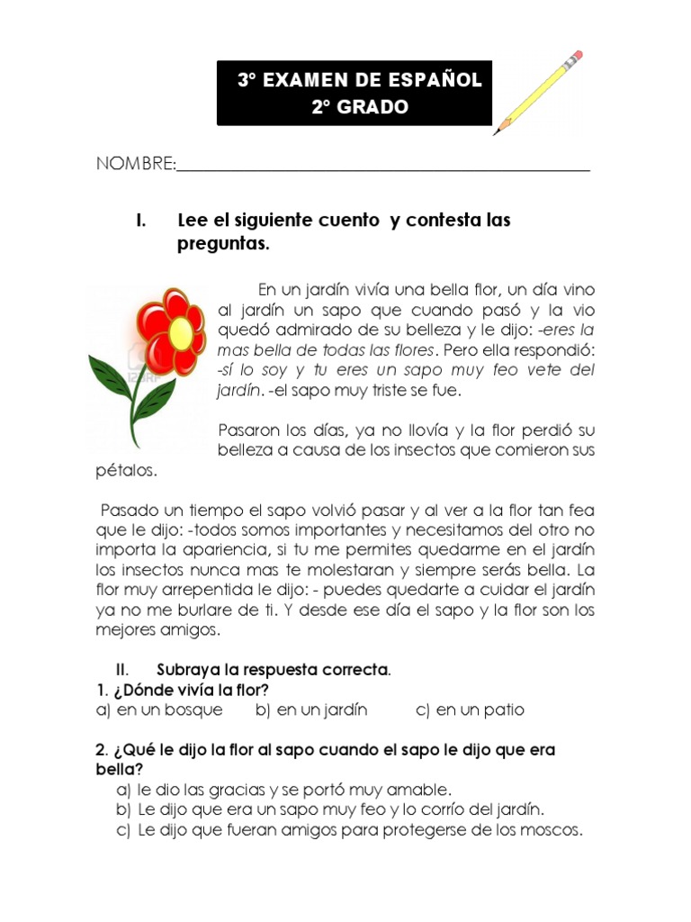 Examen de Español para Segundo Grado | PDF | Flores | Ocio