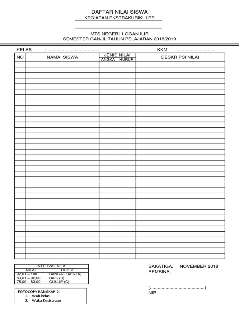 Blangko Daftar Nilai Ekskul | PDF