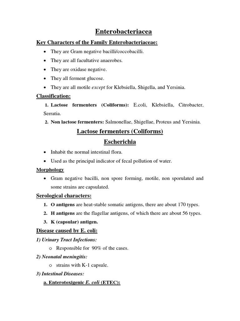 Enterobacteriacea: Key Characters of The Family Enterobacteriaceae ...