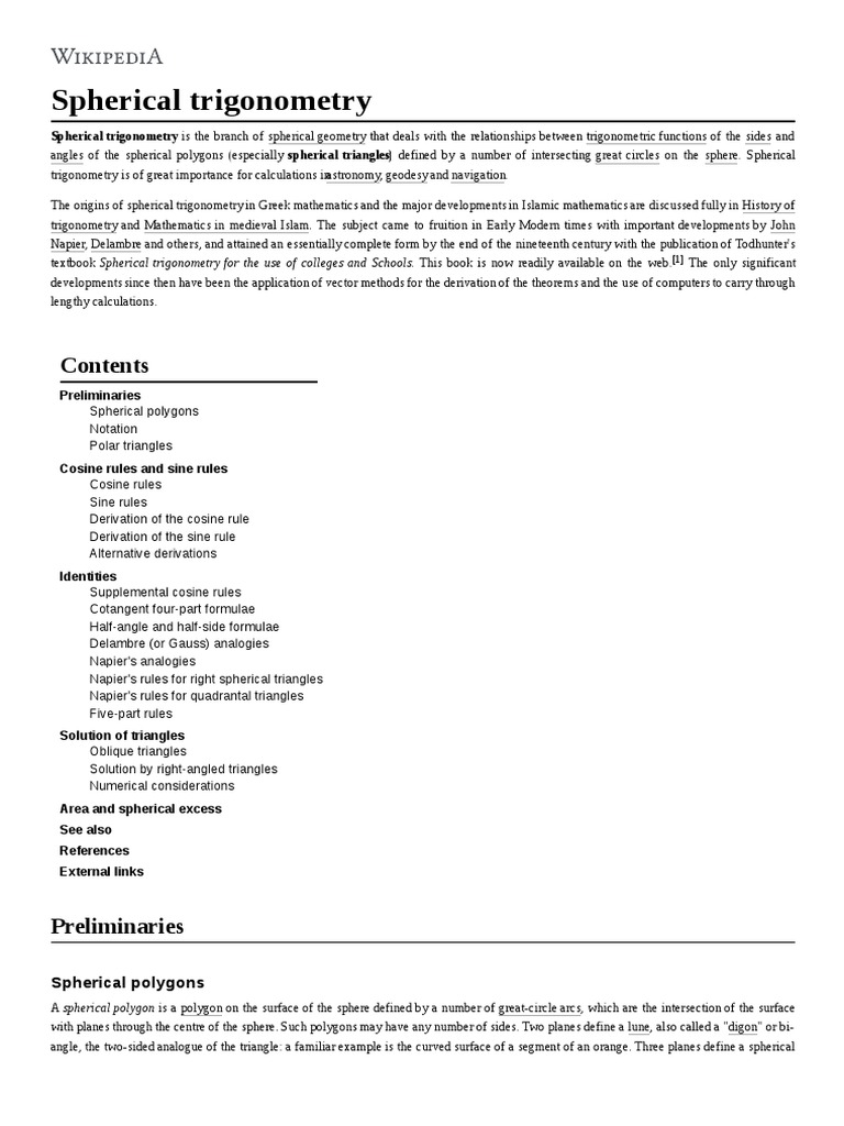 Spherical Trigonometry Pdf Trigonometric Functions Triangle