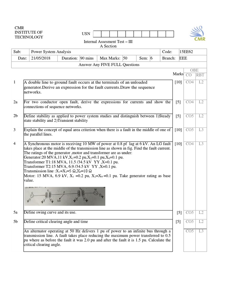 IAT - III Question Paper With Solution of 15EE62 Power System Analysis ...