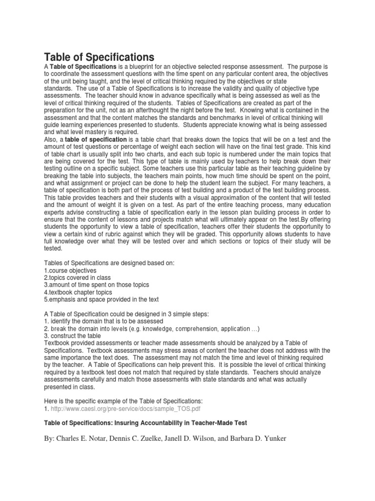 Table of Specifications | PDF | Test (Assessment) | Educational Assessment