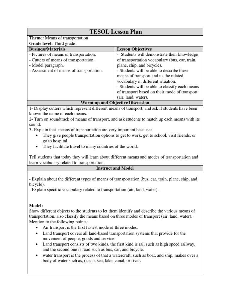 Third Grade TESOL Transportation Plan | PDF | Land Transport | Transport