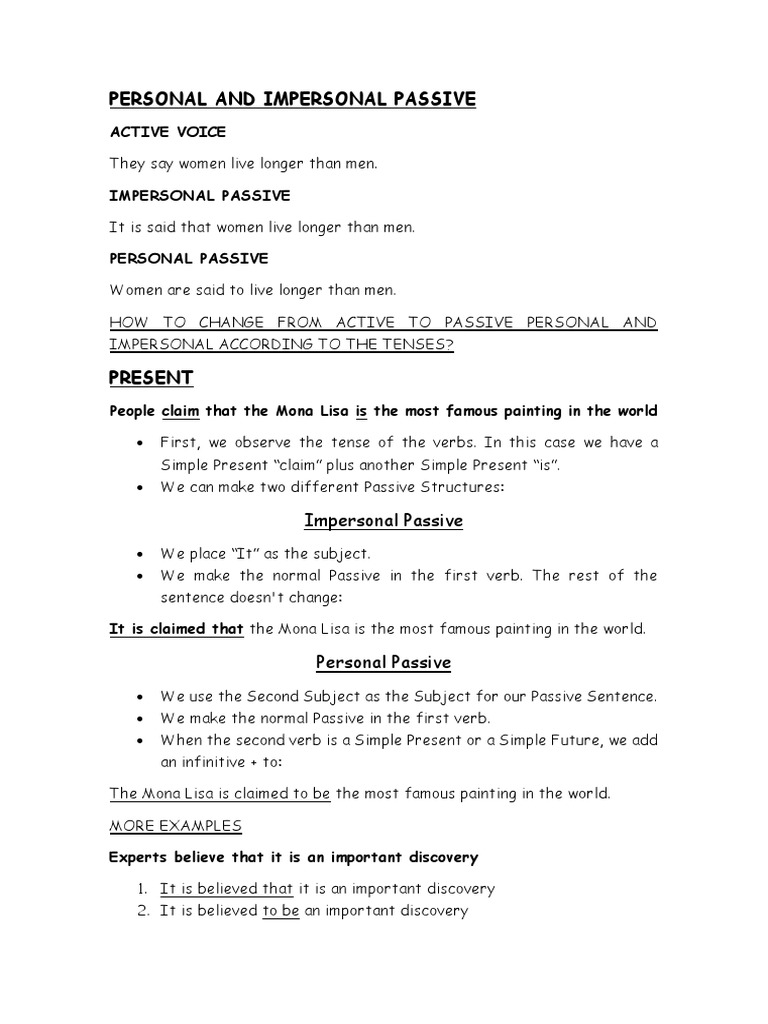 Personal vs Impersonal Passive Voice | PDF | Perfect (Grammar) | Verb