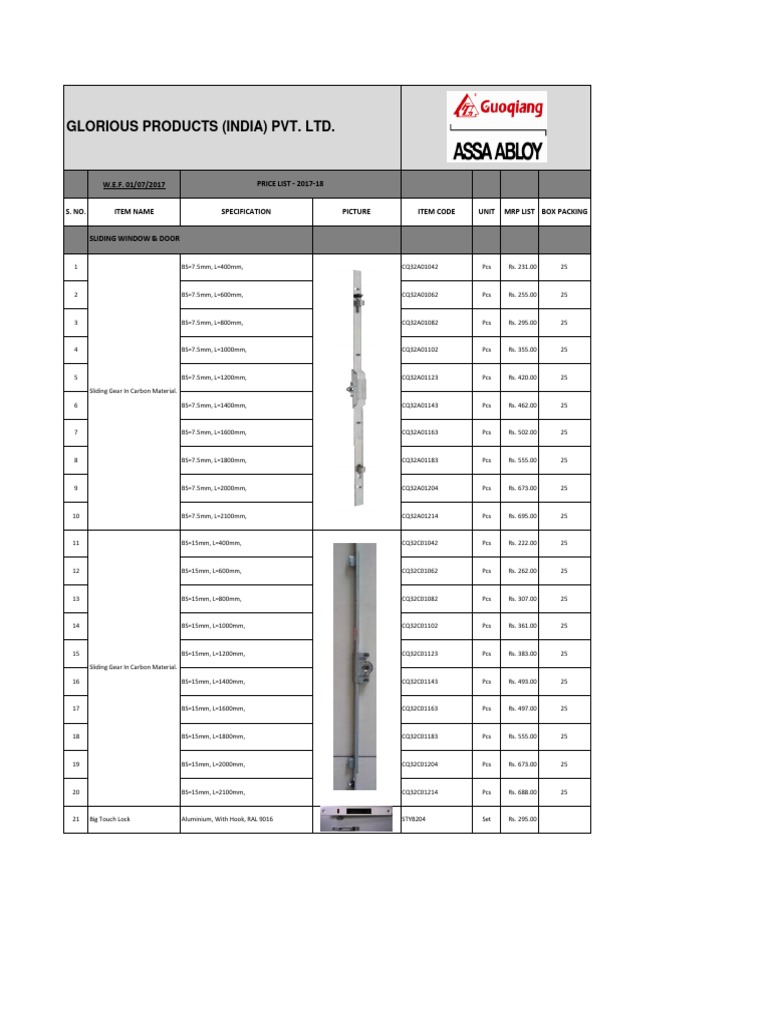 Pricelist Final - Assa Abloy (GQ) UPVC Hardware - W.E.F 1717pdf | PDF ...