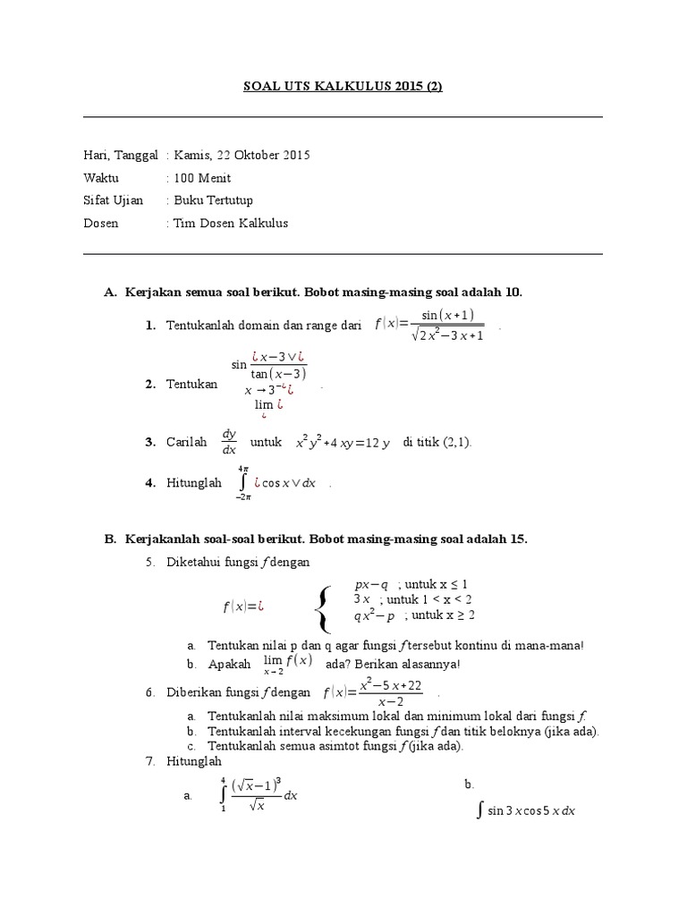 Soal UTS Kalkulus 2015 | PDF