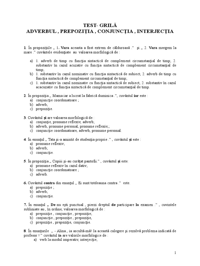 0 Testgrila Adverbul Prepozitia Conjunctia Interjectia | PDF