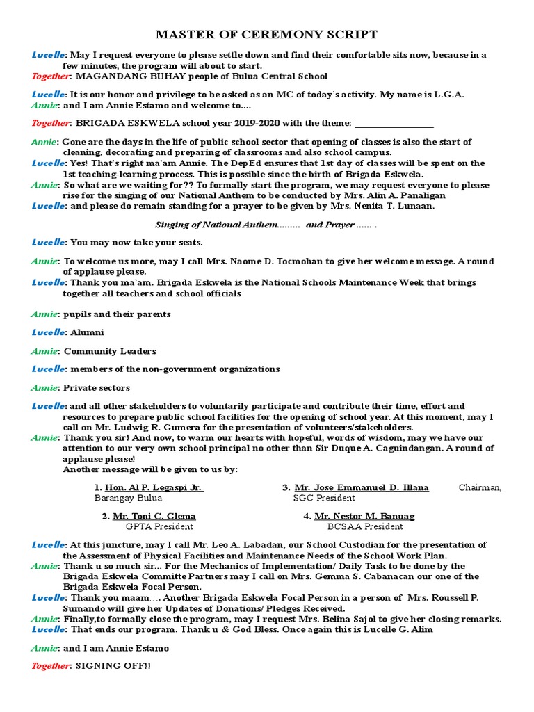 Master of Ceremony Script: Annie | PDF