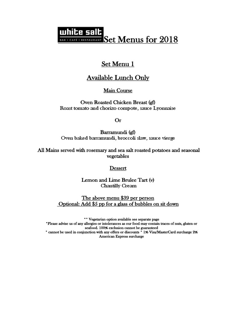 Set Menus For 2018: Set Menu 1 Available Lunch Only | PDF