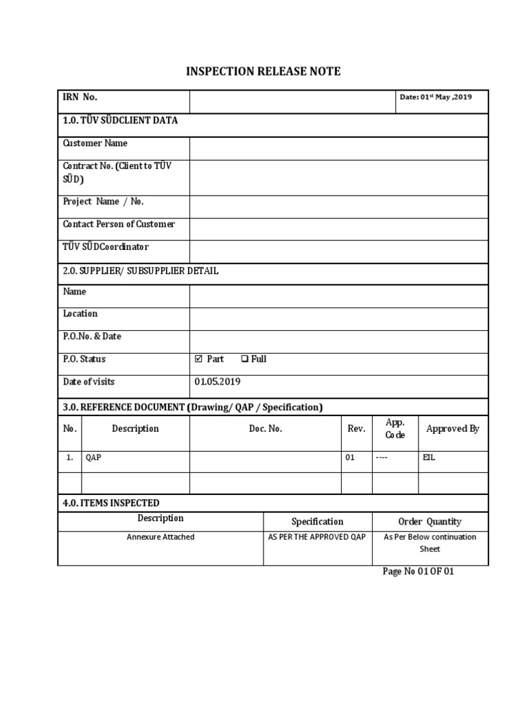 Inspection Release Note Format | PDF