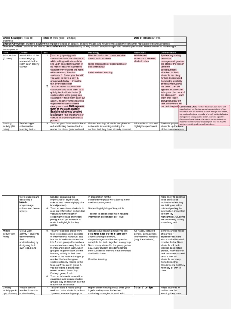 Year 10 Branding Lesson Plan | PDF | Classroom | Teachers