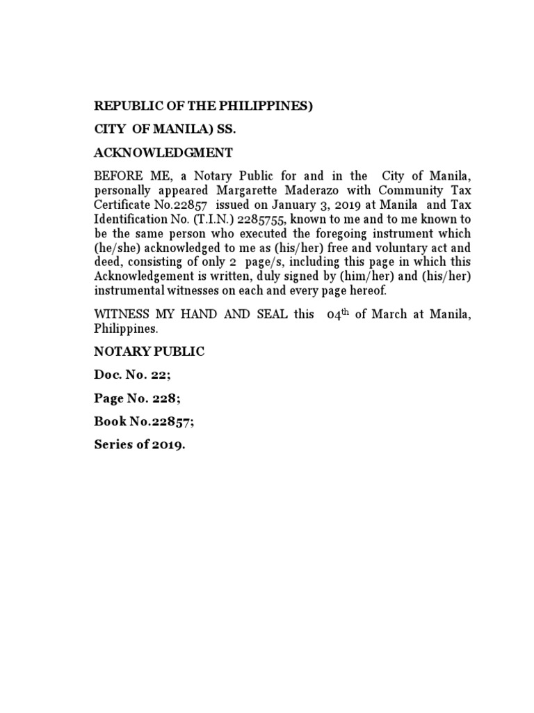 Republic of The Philippines) City of Manila) Ss. Acknowledgment | PDF