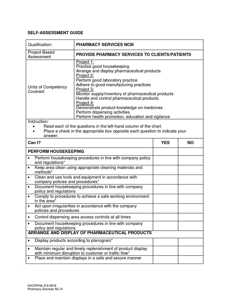 Self Assessment Guide Pharmacy Services NC III | Prescription Drugs ...