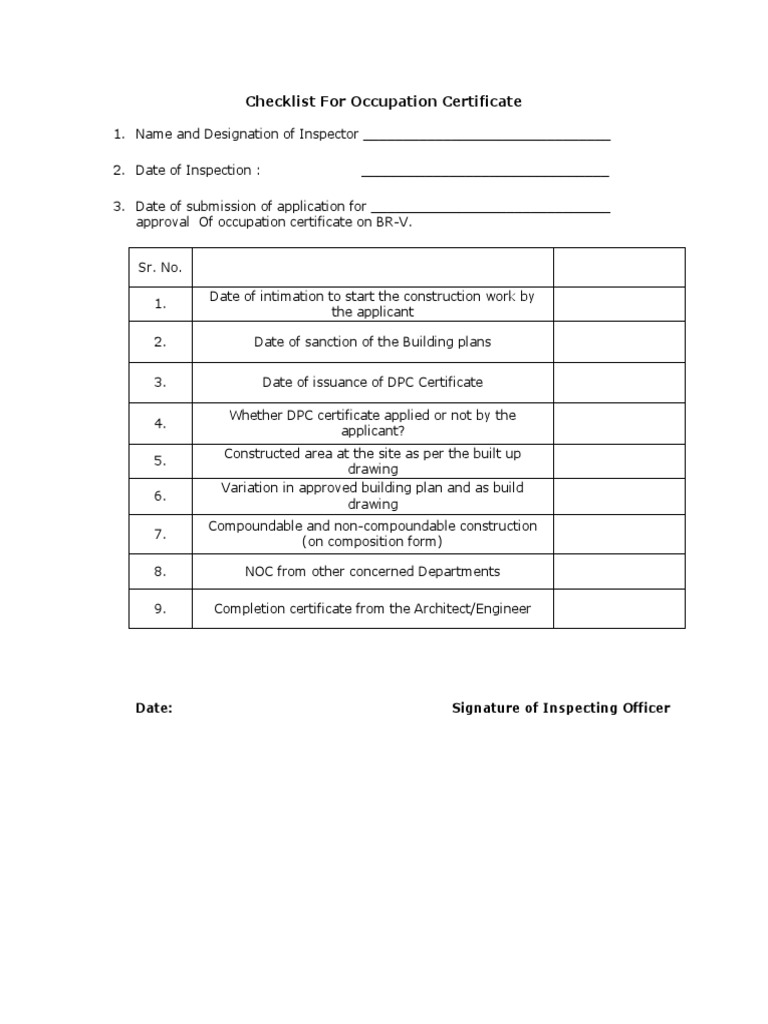 Occupation Certificate Inspection Checklist | PDF | Architect ...