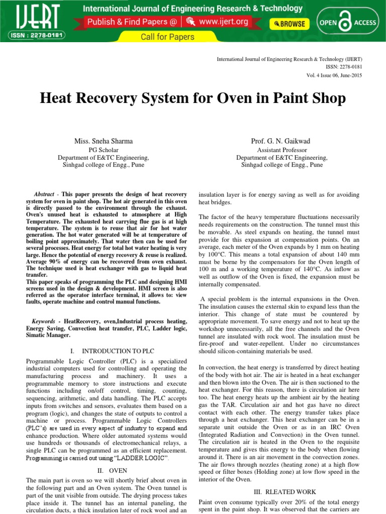 Heat Recovery System For Oven in Paint Shop IJERTV4IS060879 | PDF ...