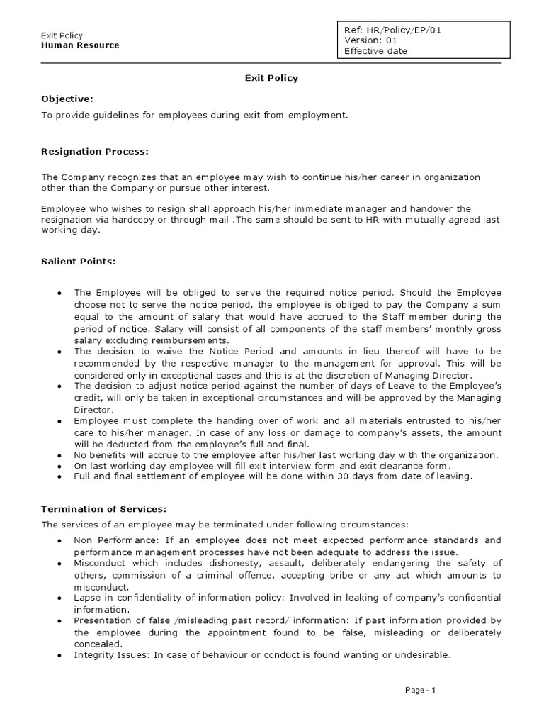 Exit Policy | PDF | Employment | Human Resource Management