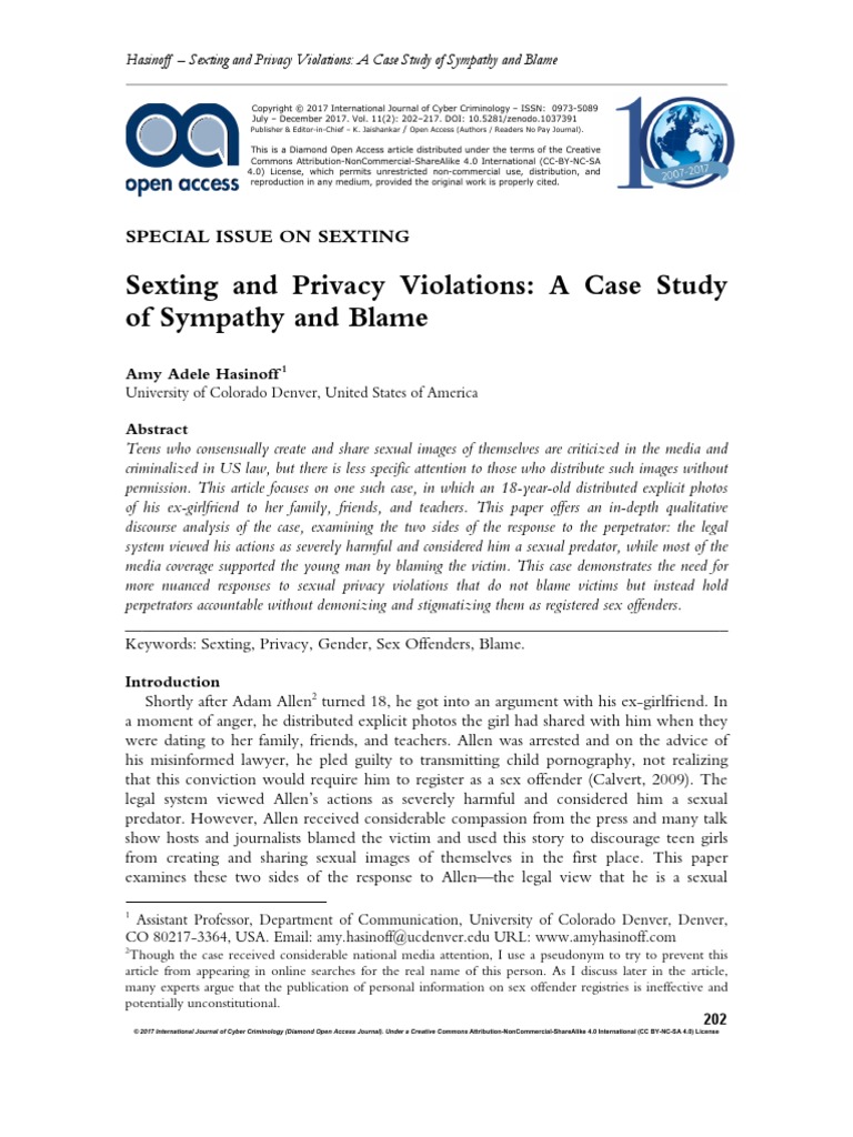 Sexting and Privacy Violations: A Case Study of Sympathy and Blame ...