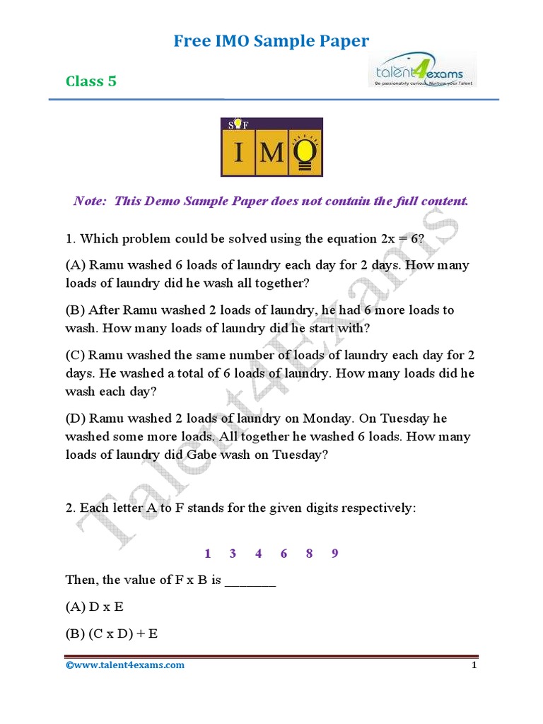 0275IMO Demo Sample Paper | PDF | Teaching Mathematics