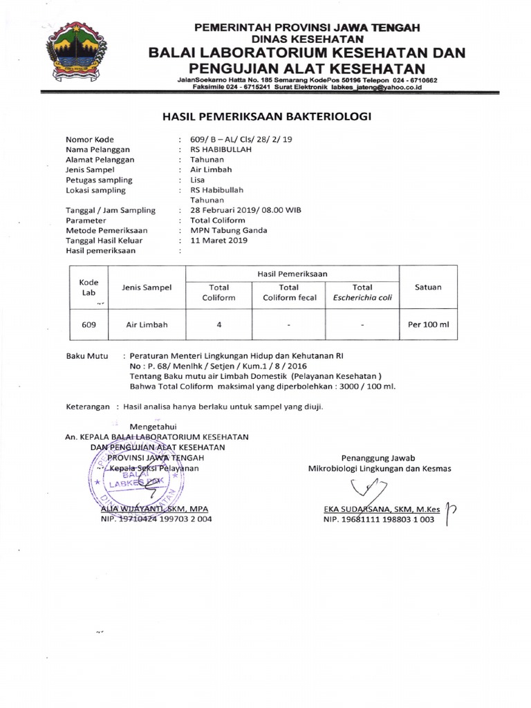 Bukti Uji Lab Ipal & Air Bulan Januari - Maret05212019072637 | PDF