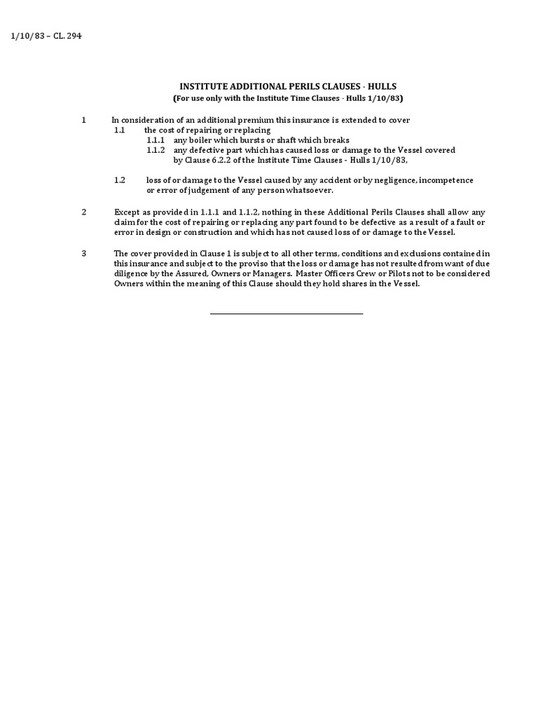 Institute Additional Perils Clauses - Hulls 1-10-83 - Cl. 294 | PDF