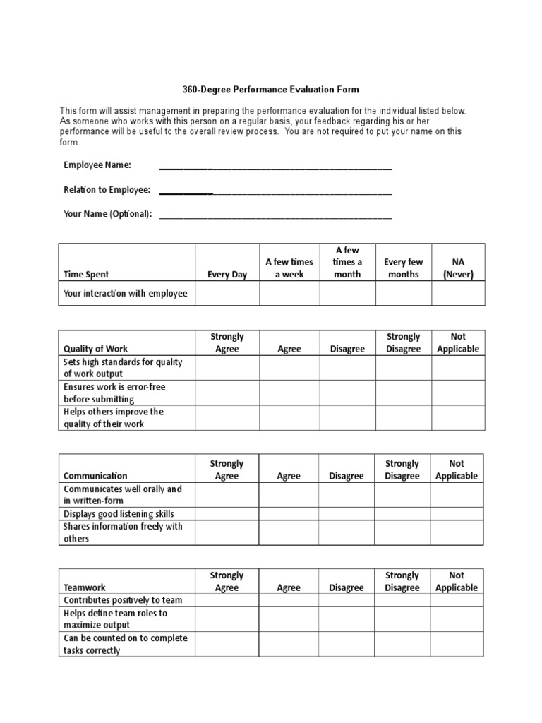 360-Degree Performance Evaluation Form | PDF | Career & Growth