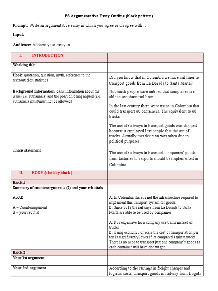 Argumentative Essay Outline (Block Pattern) | Download Free PDF ...