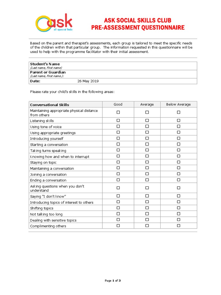 Social Skills Club Pre-Assessment Form | PDF | Conversation | Criticism