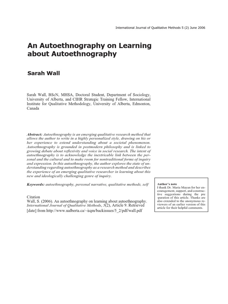 1-Wall. 2006. An Autoethnography On Learning About Autoethnography ...