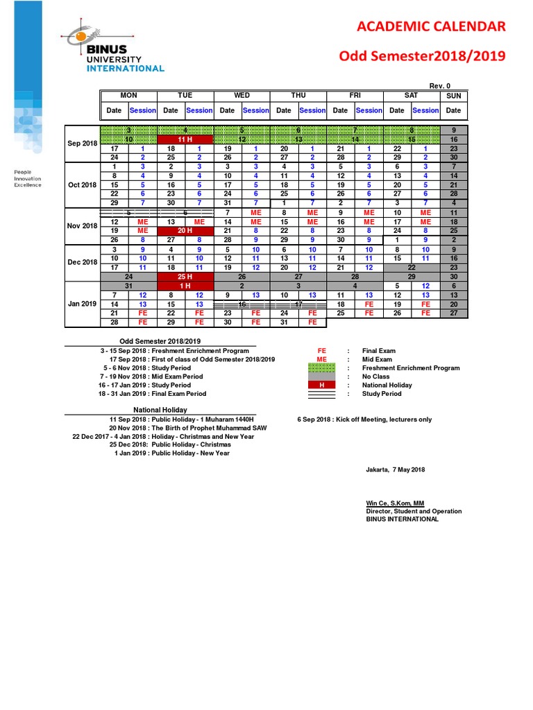 Academic Calendar for the Odd Semester of the 2018/2019 Academic Year ...
