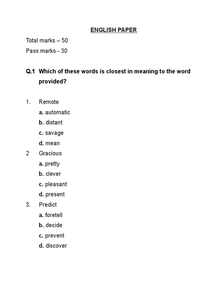 English Paper: Total Marks - 50 Pass Marks - 30 | PDF | Syntax