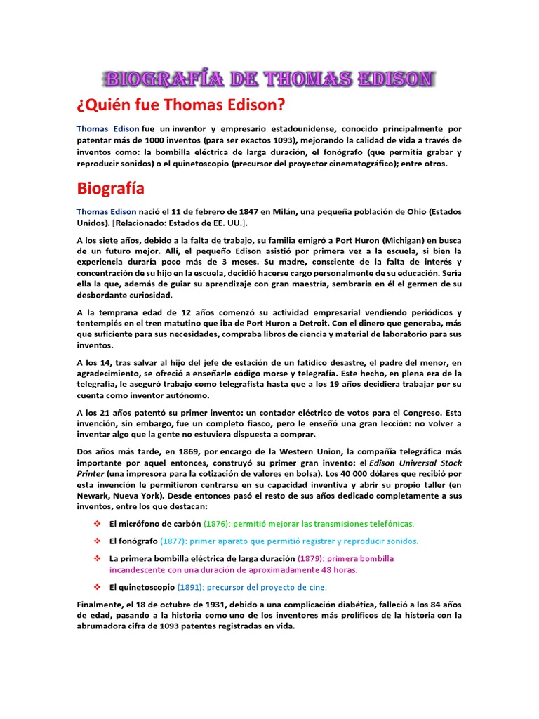Biografía de Thomas Edison | PDF | Nikola Tesla | Thomas Edison