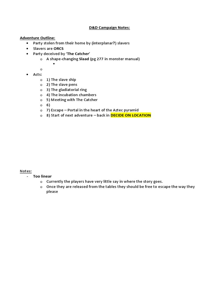 D&D Campaign Notes: Adventure Outline | PDF | Leisure