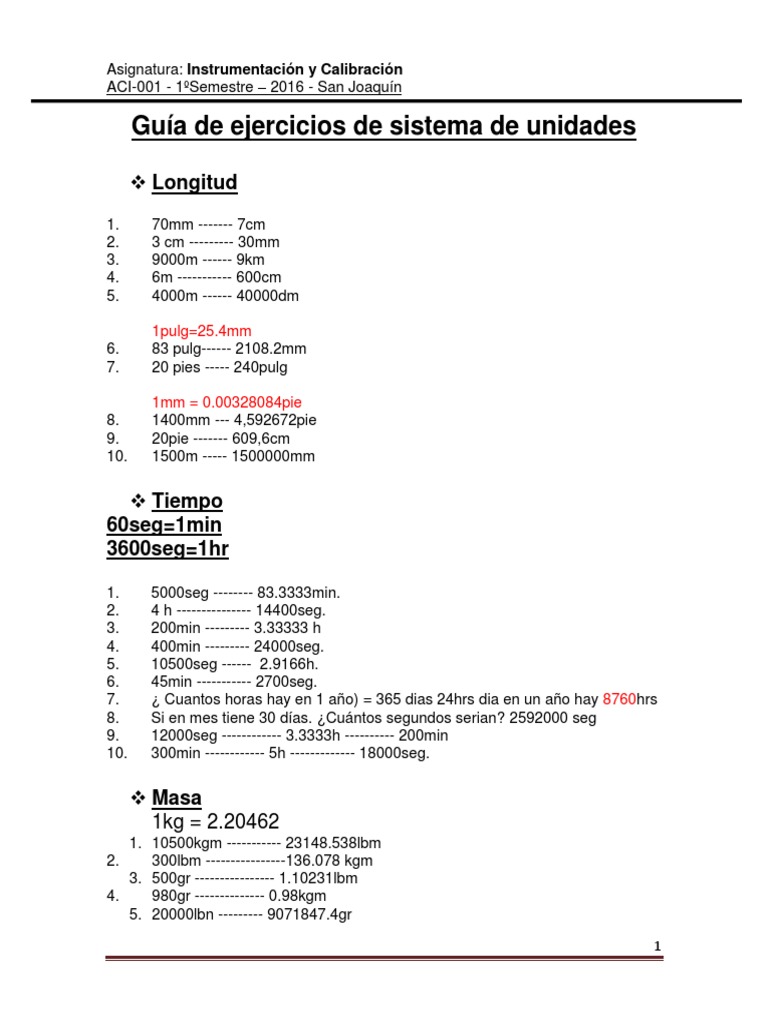 Guia de Ejercicios Sistema de Unidades | PDF | Cantidad | Unidades de ...