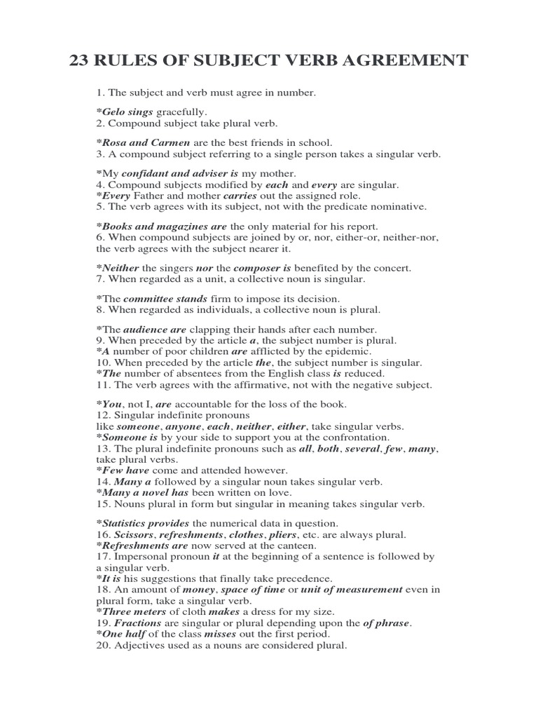 23 Rules of Subject Verb Agreement | PDF | Grammatical Number | Plural