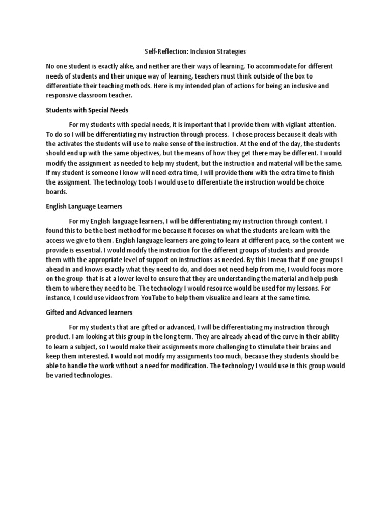 Self-Reflection Inclusion Strategies | PDF | Special Education ...