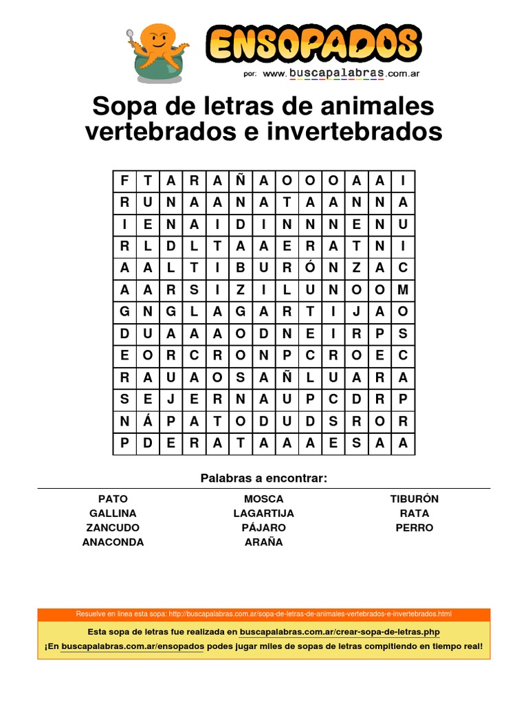 Sopa de Letras de Animales Vertebrados e Invertebrados | PDF ...