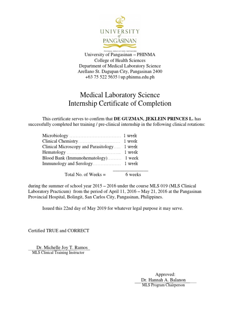 Medical Laboratory Science Internship Certificate of Completion | PDF