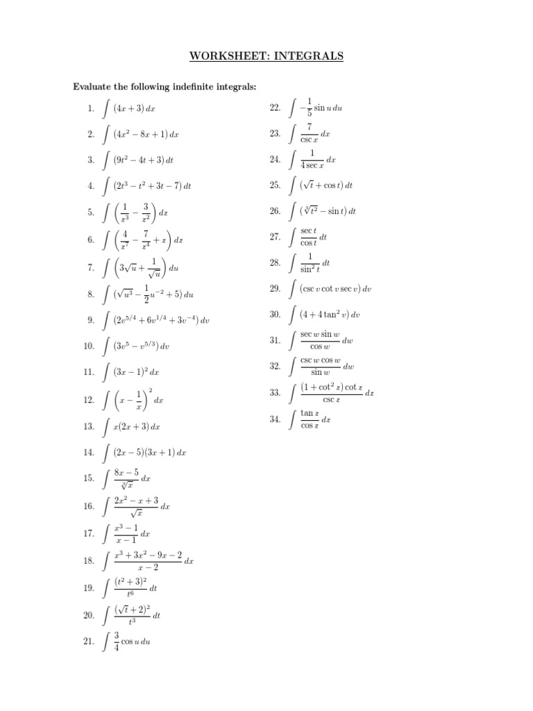 WORKSHEET: INTEGRALS - SOLUTIONS | PDF | Trigonometric Functions | Algebra