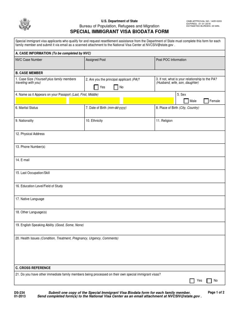 Special Immigrant Visa Biodata Form 55 | PDF | Immigration | Travel Visa