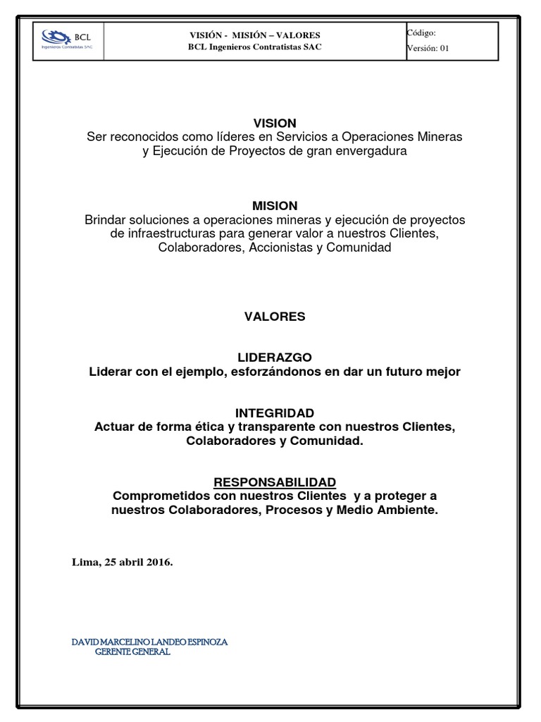 03 Vision Mision Valores VMV II | PDF