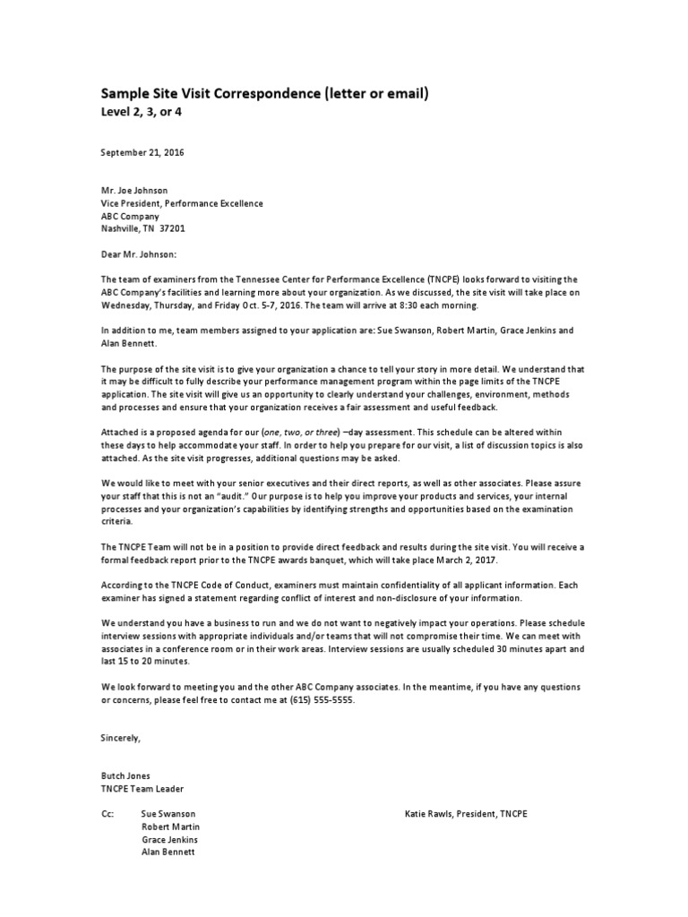 Sample Site Visit Correspondence Levels 2 3 4 | PDF | Business