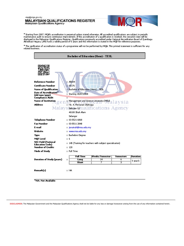 Bachelor of Education (Hons) - TESL: Junainah@msu - Edu.my WWW - Msu ...