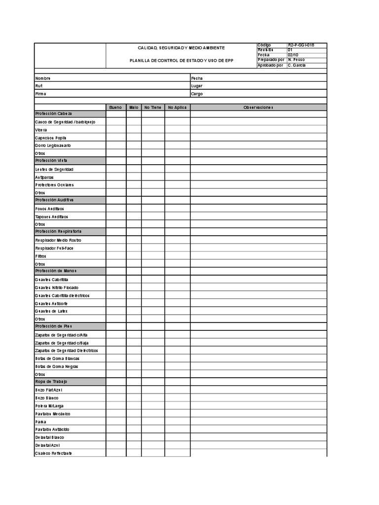 R2-P-SGI-018 Planilla de Control de Estado y Uso de EPP | PDF