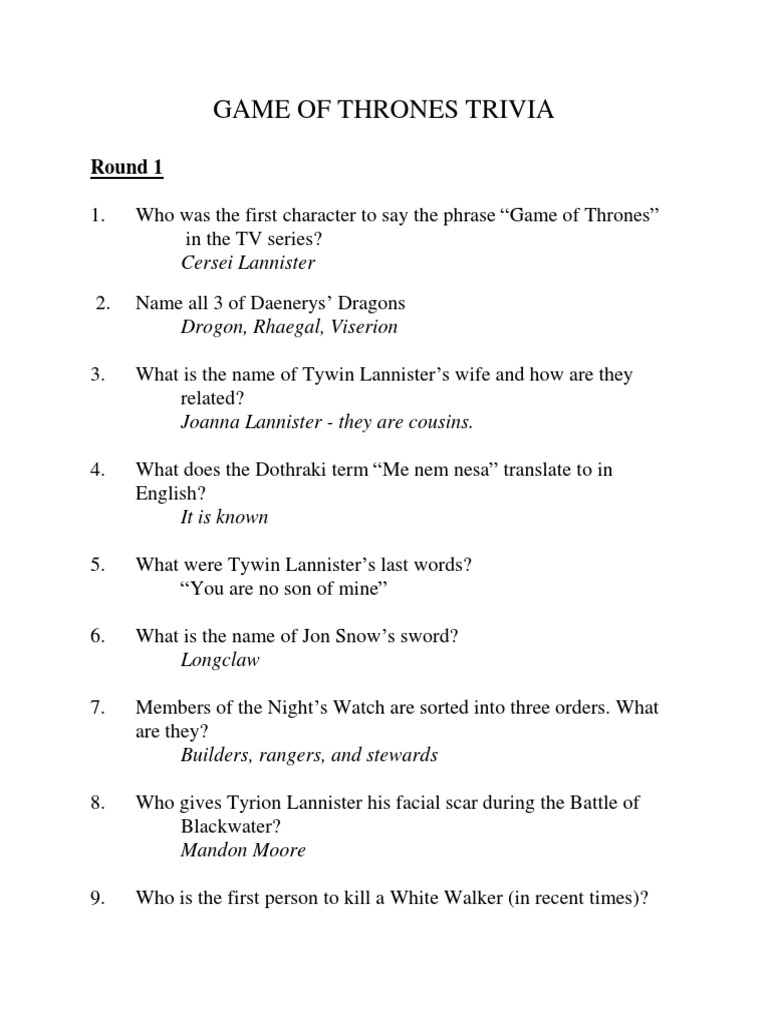 Game of Thrones Trivia Questions | PDF | World Of A Song Of Ice And ...