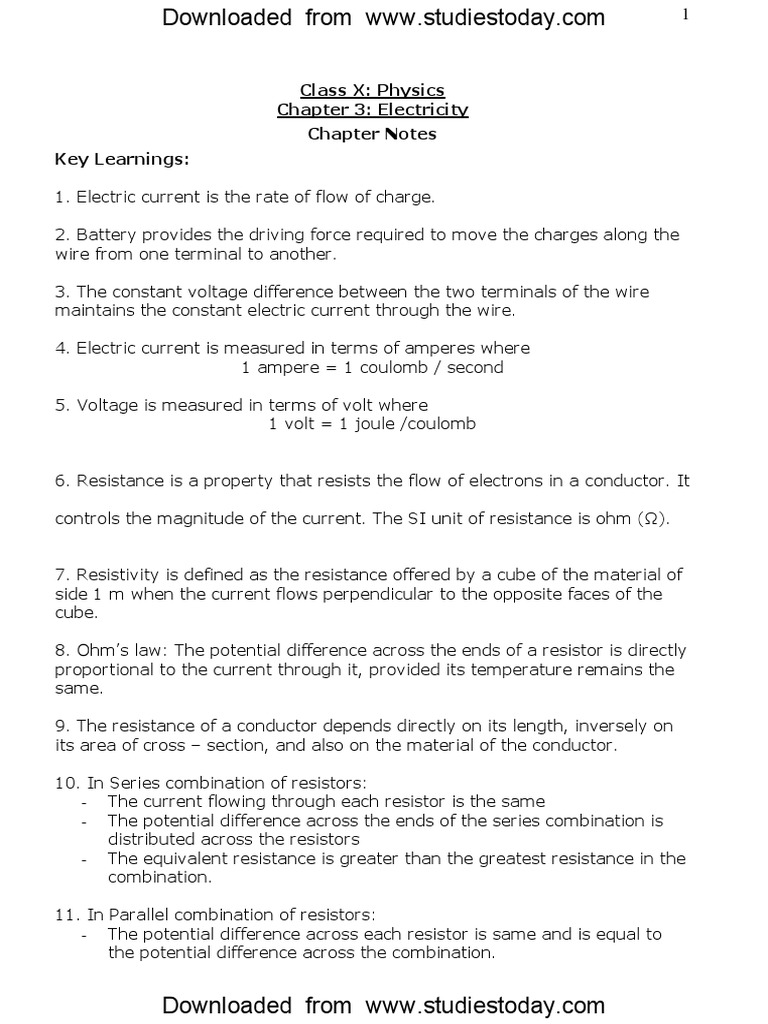 CBSE Class 10 Physics Electricity Notes | PDF | Electrical Resistance ...