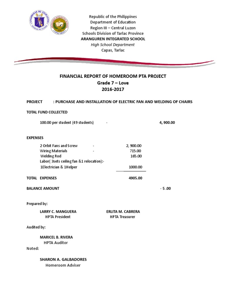 Homeroom PTA Project Financial Report | PDF
