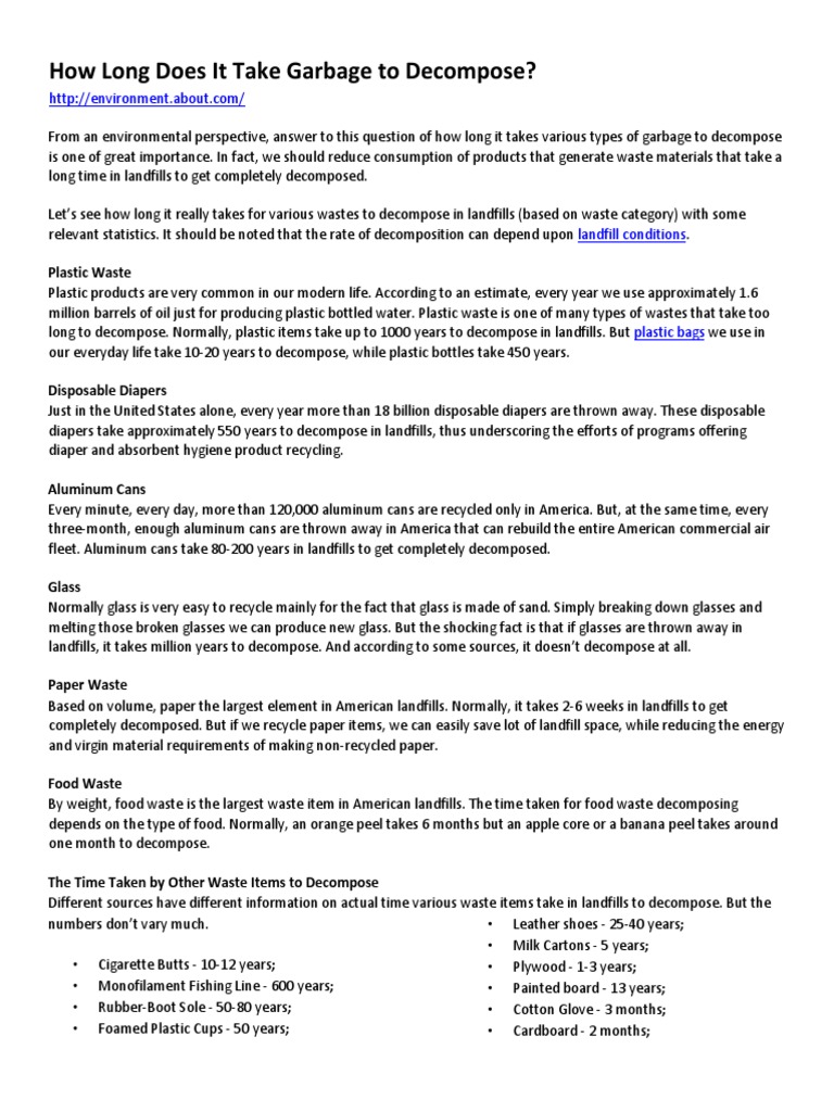 How Long Does It Take Garbage To Decompose | PDF | Plastic | Waste
