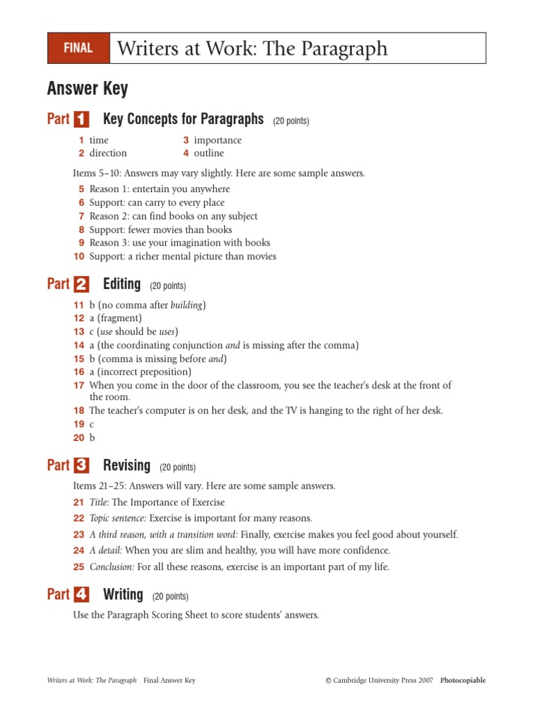 Writers at Work: The Paragraph: Answer Key | PDF | Comma | Paragraph