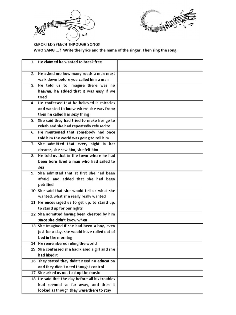 Reported Speech in Popular Songs | PDF | Pop Music | Leisure