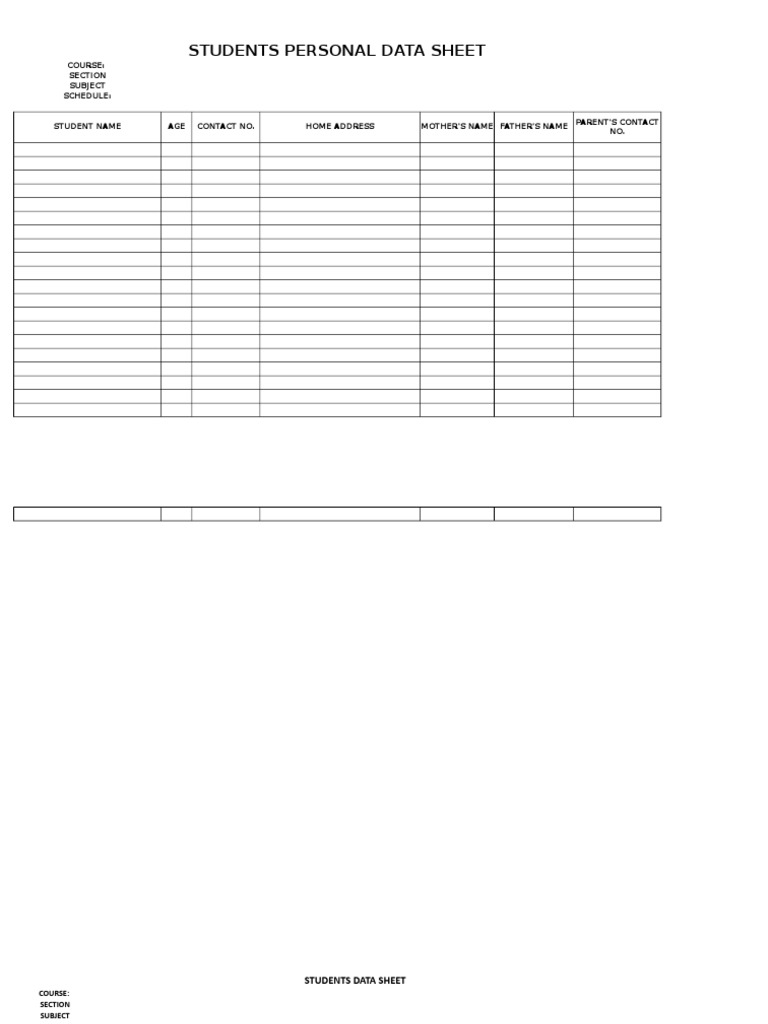 Students Personal Data Sheet: Course: Section Subject Schedule | PDF ...